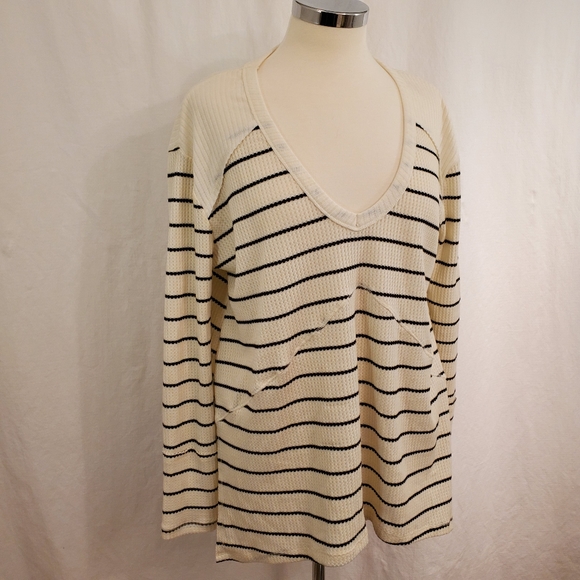 Poof! | Tops | Poof Vneck Creamblack Striped Waffle Shirt Nwot | Poshmark